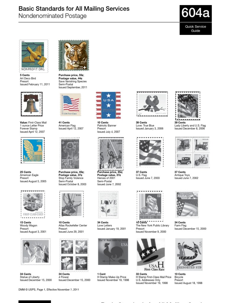 USPS Nondenominated Postage Guide (Nov. 2011) | PDF | Postage Stamp ...