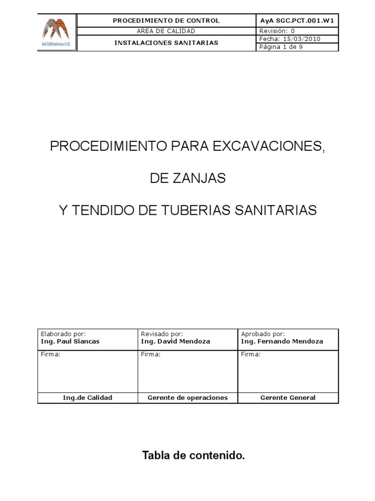 Procedimiento para Excavaciones Zanjas y Tendido de Tuberia para La Red ...