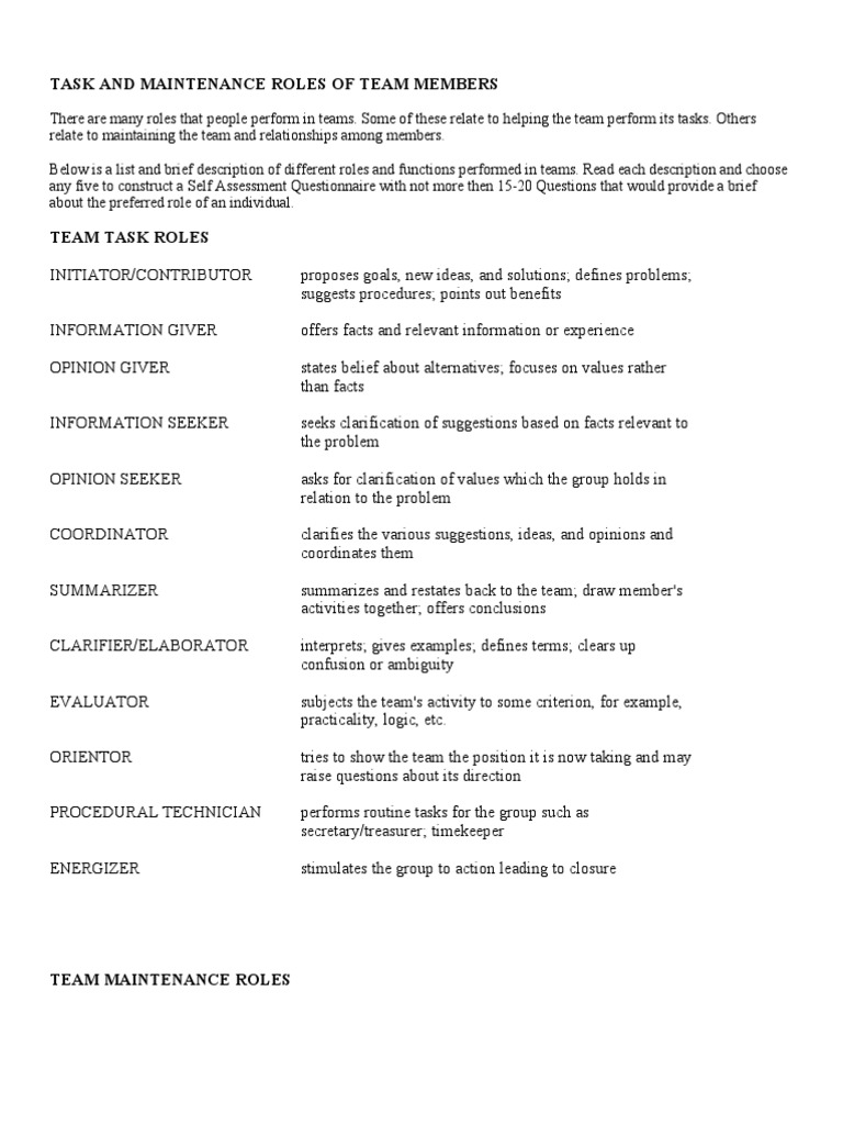Task Maintenance Roles | PDF | Leadership | Emergence