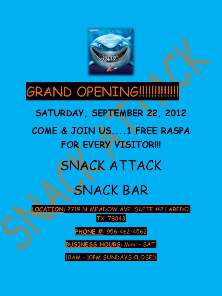 Snack Attack Flyer Grand Opening | PDF | Cooking, Food & Wine