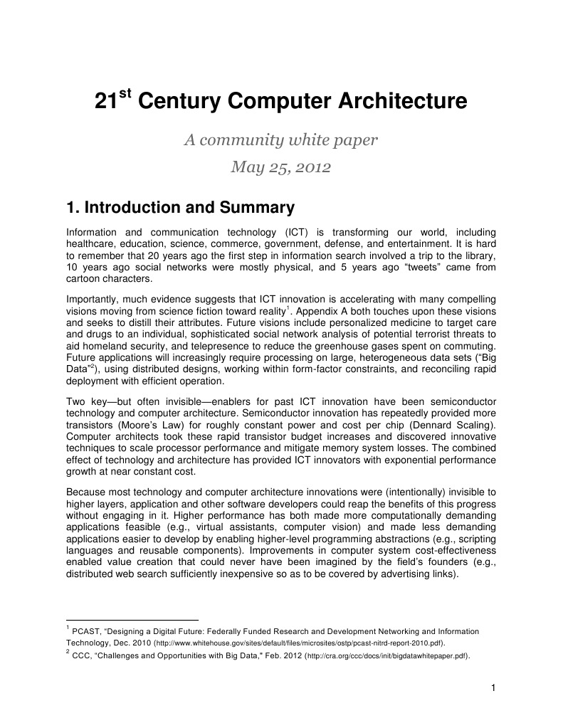 21 Century Computer Architecture: A Community White Paper May 25, 2012 ...