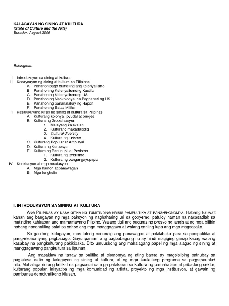 Kalagayan Ng Sining At Kultura State Of Culture And The Arts Pdf
