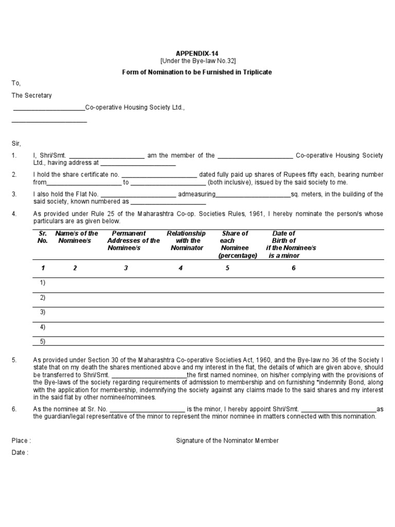 Housing Society Nomination Form Template | PDF