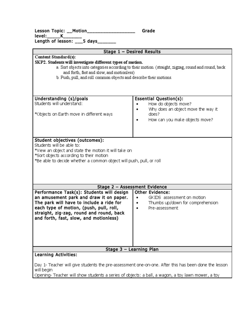 Kindergarten Motion Lesson Plan | PDF | Reading Comprehension | Learning