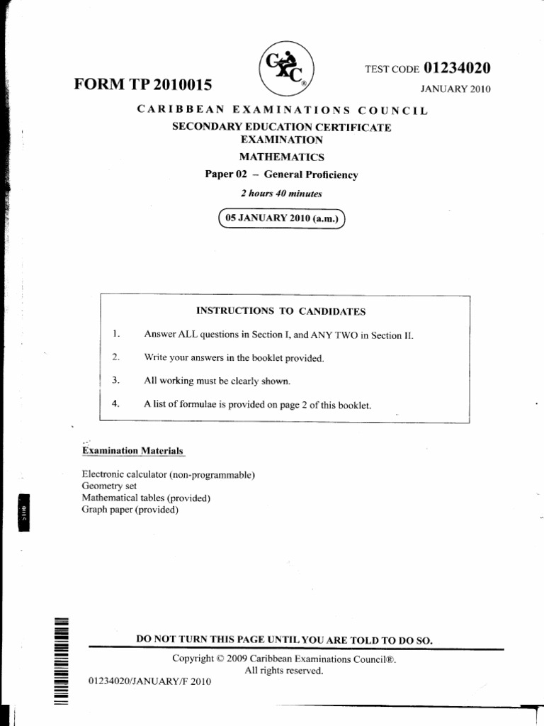 CSEC Maths January 2010 Past Paper | PDF | Triangle | Geometry