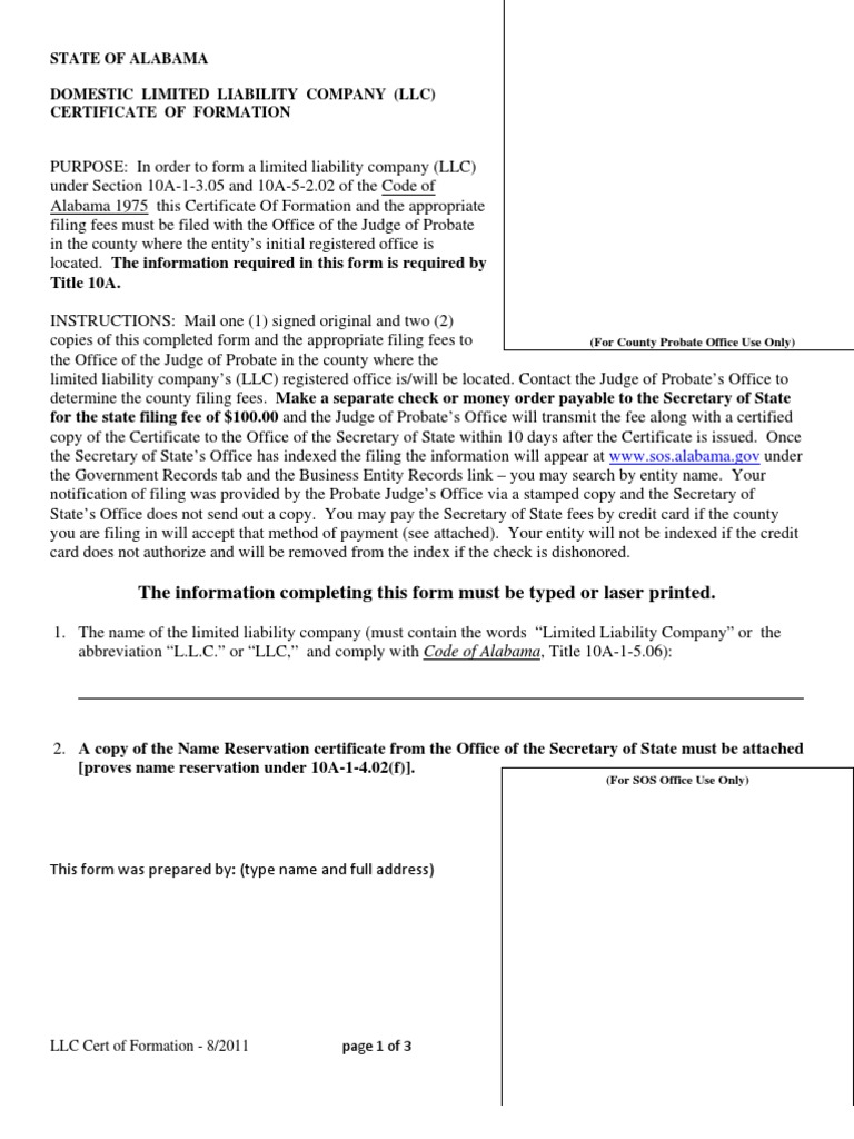 Alabama LLC Certificate of Formation | PDF | Law