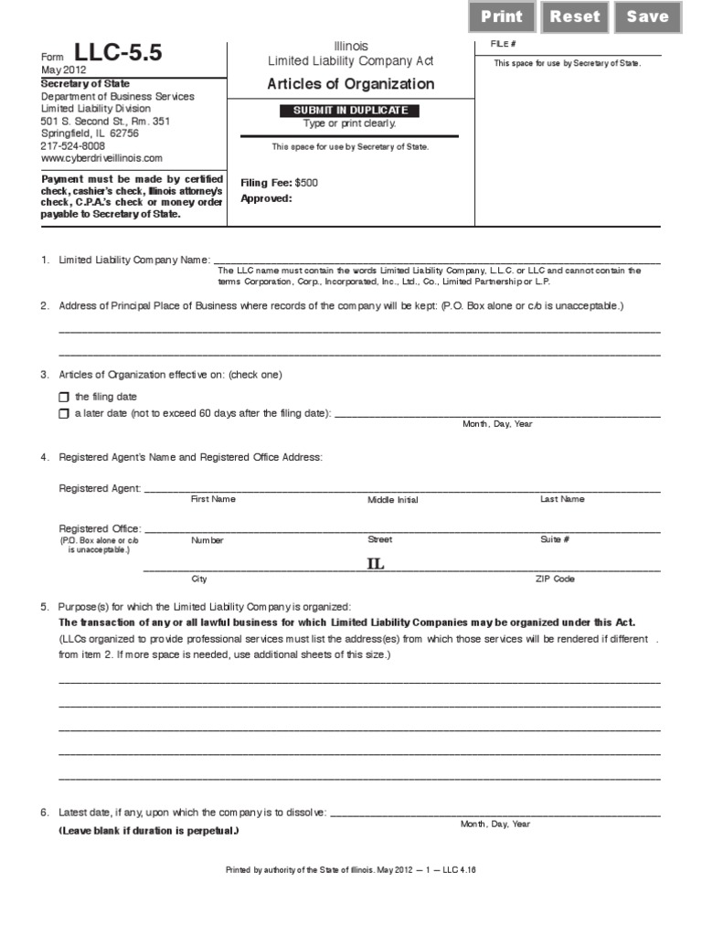 Illinois LLC Articles of Organization Form | PDF | Limited Liability ...