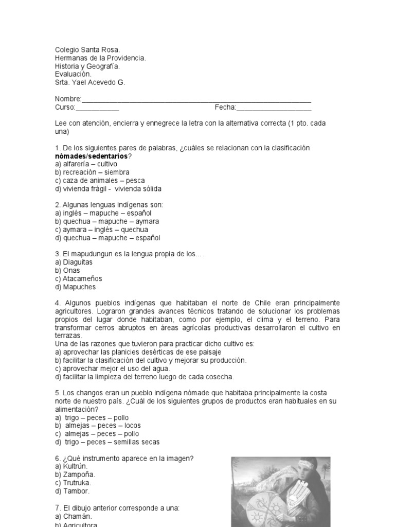 Evaluación de Historia y Geografía Indígena | PDF | Pueblos Indígenas ...