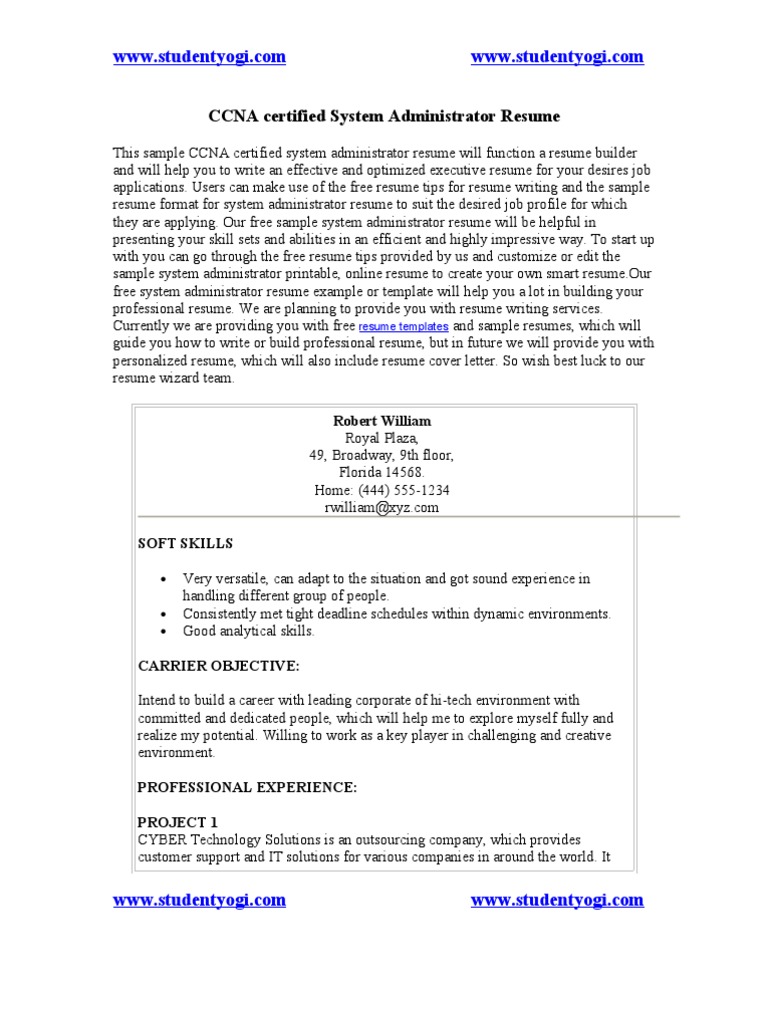 CCNA Certified System Administrator Resume | Network Switch | Cisco Systems