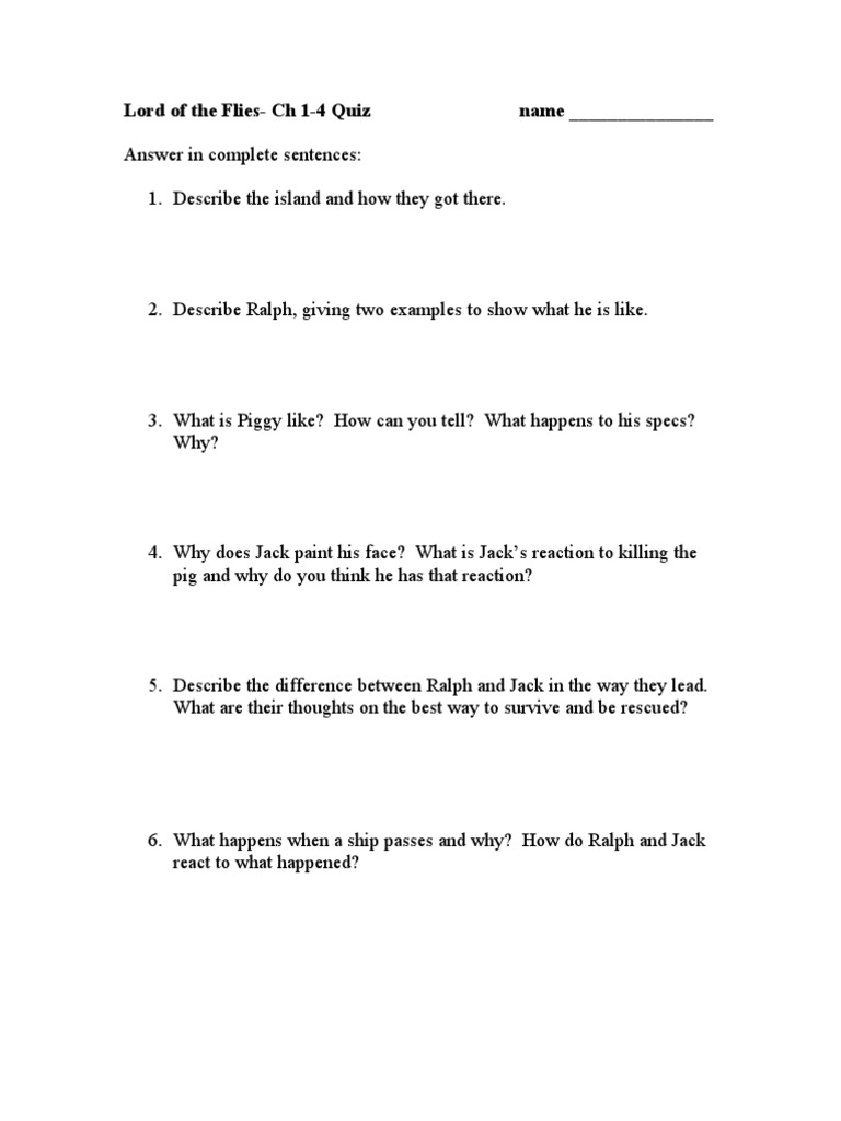 Lord of The Flies Questions Chapters 1 12 | PDF | Violence