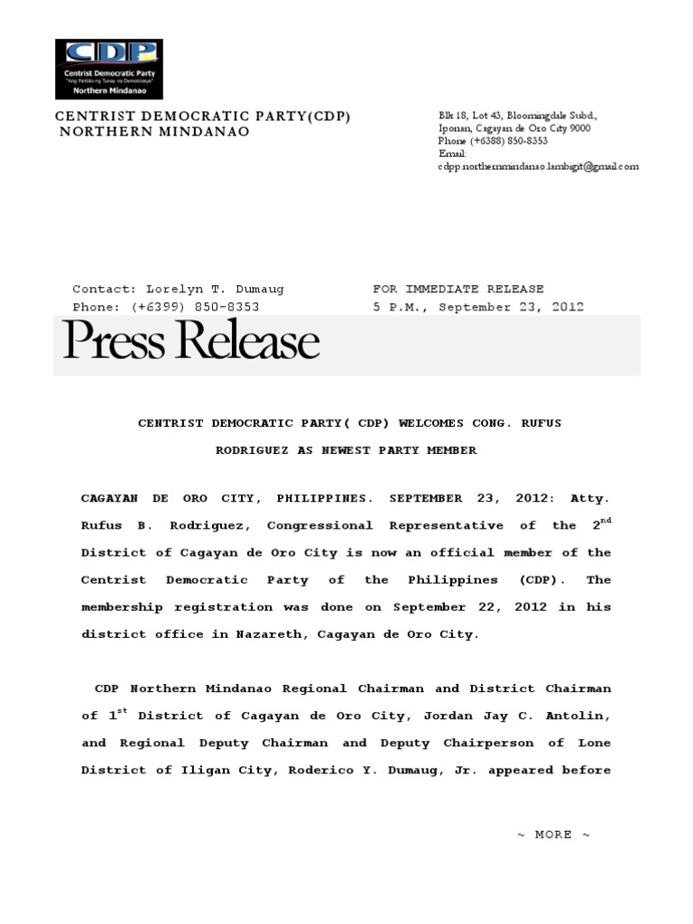 CDP Welcomes Cong. Rufus Rodriguez As Newest Party Member | PDF ...