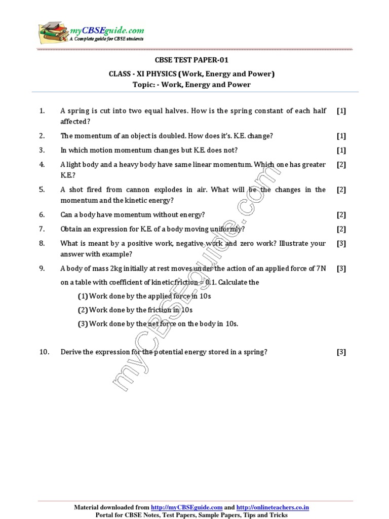 11 Physics Work Energy and Power Test 01 | PDF