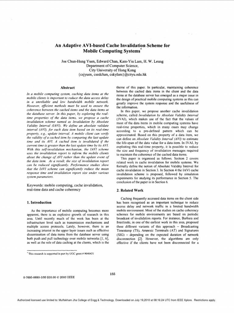 An Adaptive AVI-based Cache Invalidation Scheme For Mobile Computing Systems | PDF | Cache ...