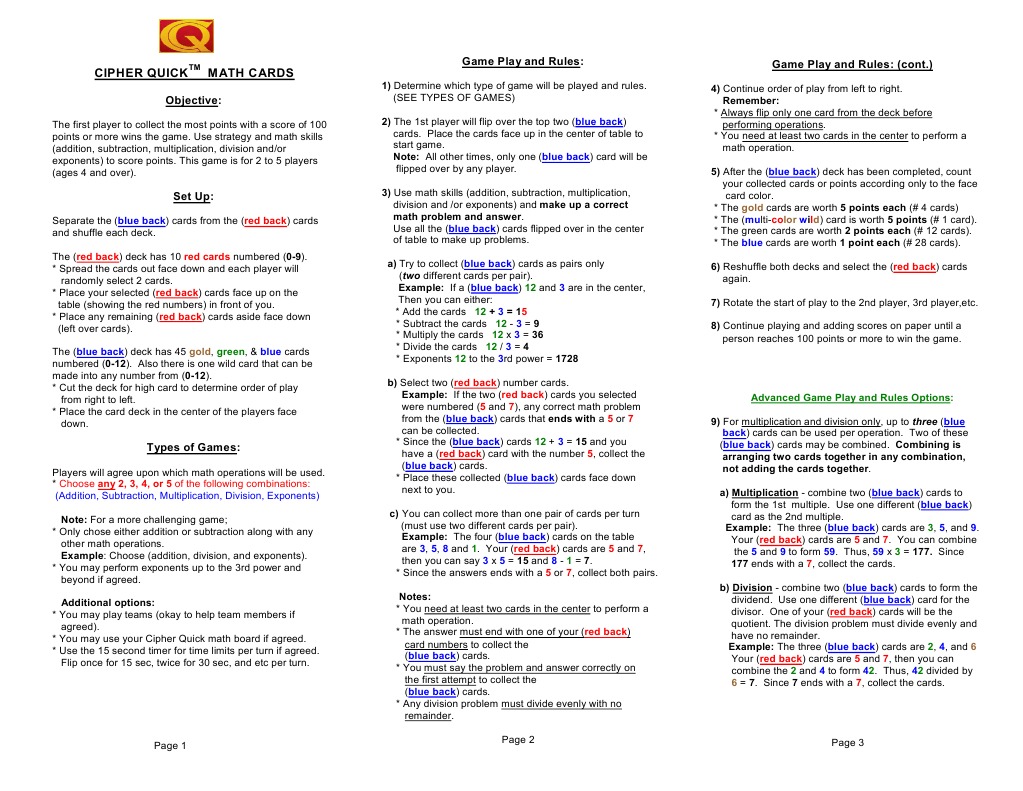 Cipher Quick Math Cards Brochure | PDF | Division (Mathematics ...