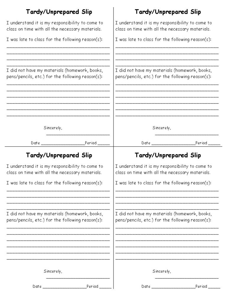 Tardy/Unprepared Slip Template | PDF