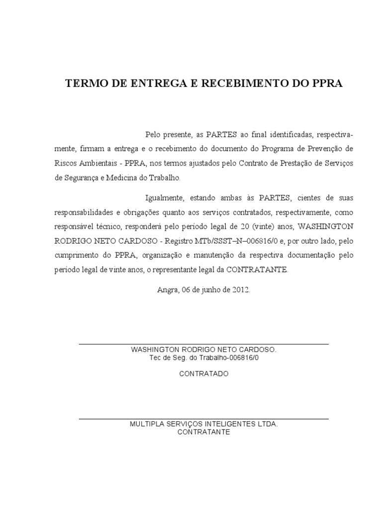 Termo de Entrega e Recebimento Do Ppra | PDF