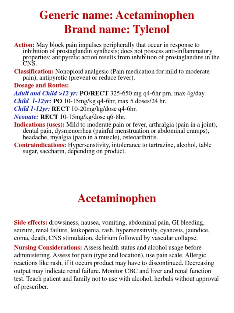 Generic Name: Acetaminophen Brand Name: Tylenol: Action | PDF | Insulin ...