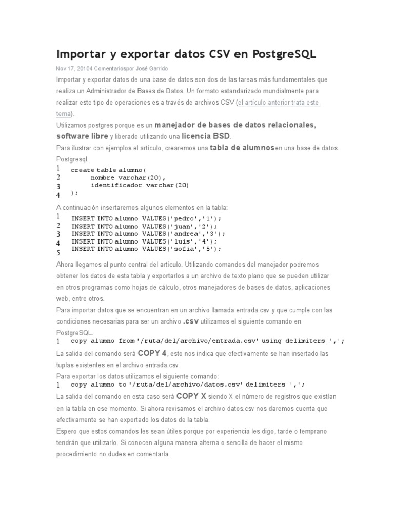 Importar y Exportar Datos CSV en PostgreSQL | PDF