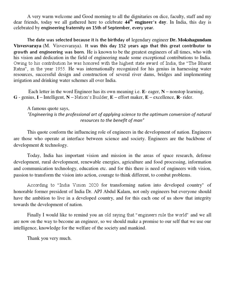 Engineers Day Speech | PDF | Engineering | Science