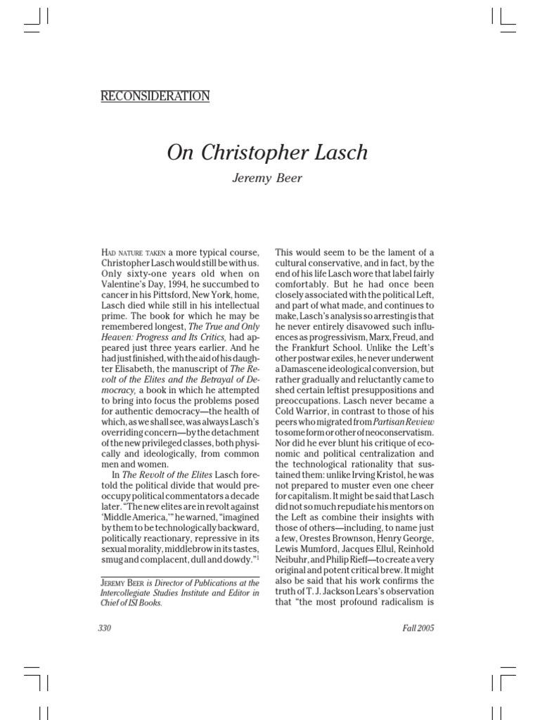 On Christopher Lasch | PDF | Conservatism | Narcissism