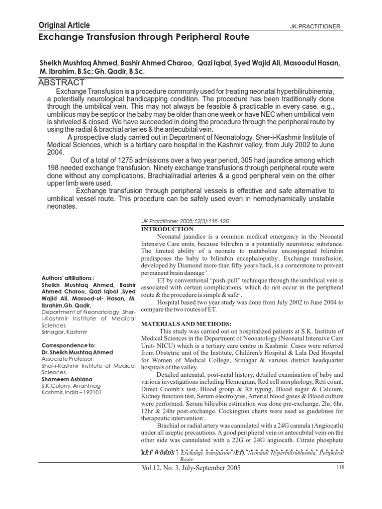 Exchange Transfusion Through Peripheral Route | PDF | Blood Transfusion ...