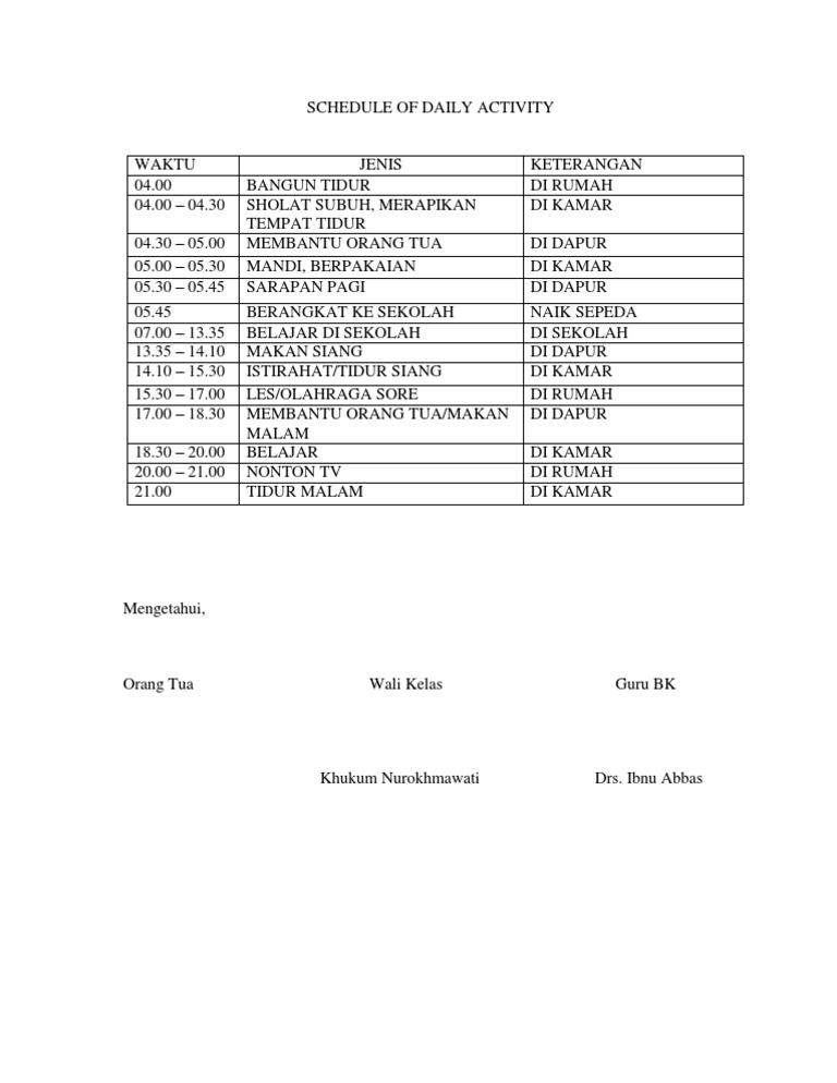 Schedule of Daily Activity | PDF
