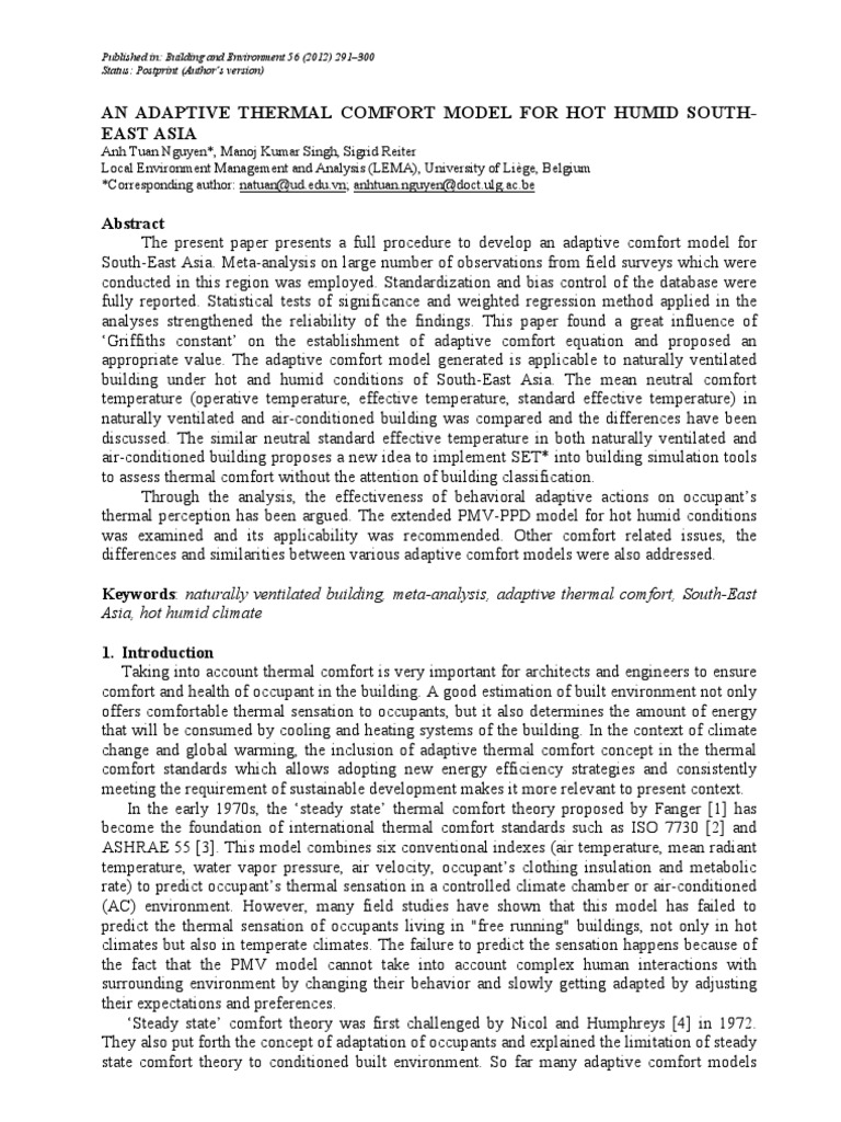 An Adaptive Thermal Comfort Model For Hot Humid South | Download Free ...