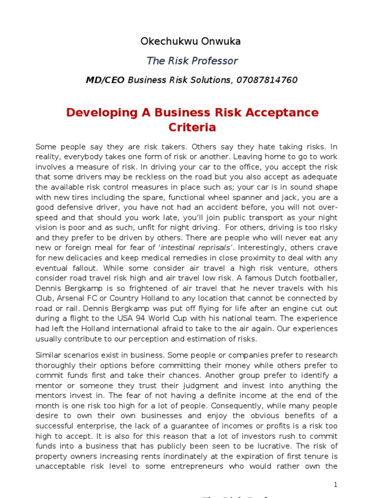 Developing the Risk Acceptance Criteria | Risk | Loans