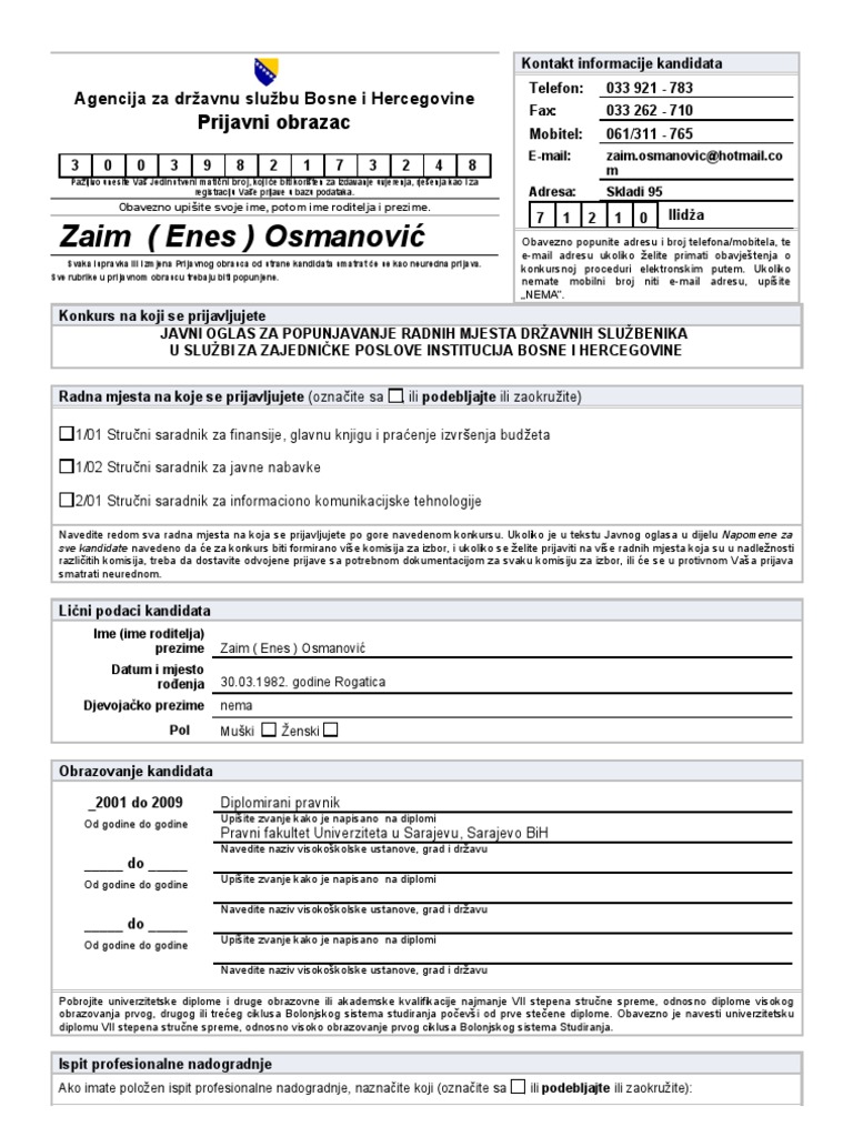 Prijavni Obrazac Za Zgradu Zajedničkih Institucija 1 | PDF