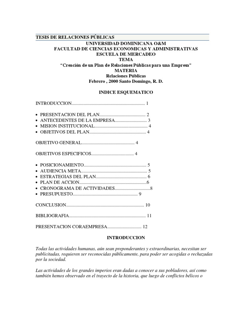 Plan de RRPP para CORAEMPRESA | PDF | Negocios | Finanzas y dinero