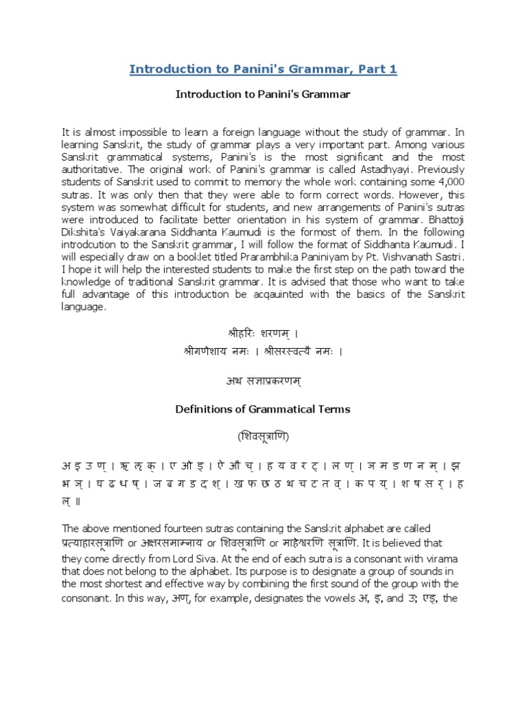 Introduction To Panini's Grammar | PDF