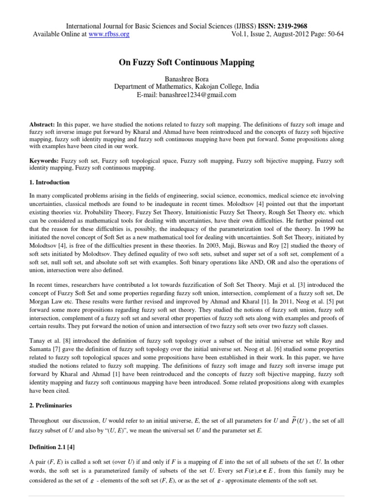 On Fuzzy Soft Continuous Mapping | PDF | Set (Mathematics) | Mathematical Logic