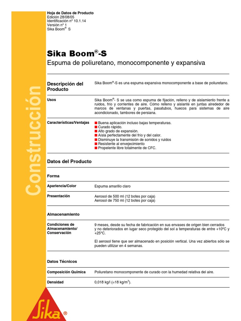 Ficha Tecnica Sika Boom S | PDF | Poliuretano | Aislamiento térmico