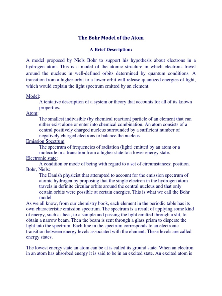 The Bohr Model of The Atom: A Brief Description | PDF