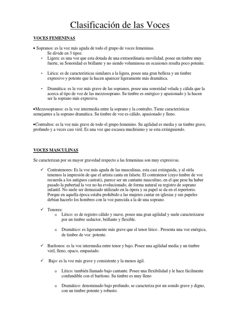 Clasificación de las voces femeninas y masculinas | PDF