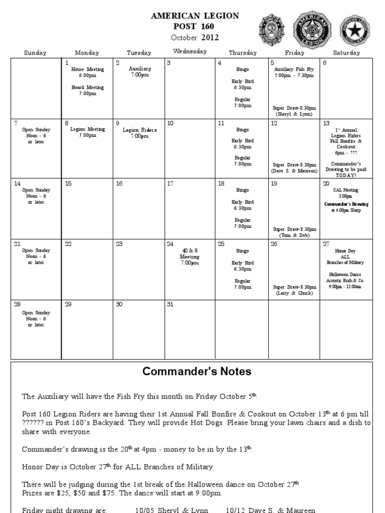 Legion Calendar October 2012 | PDF