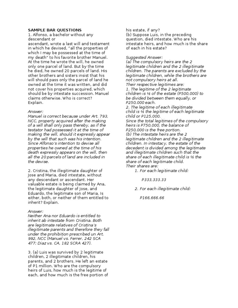 Sample Bar Questions | PDF | Will And Testament | Intestacy