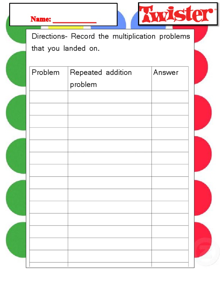 Multiplication Twister Recording Sheet | PDF