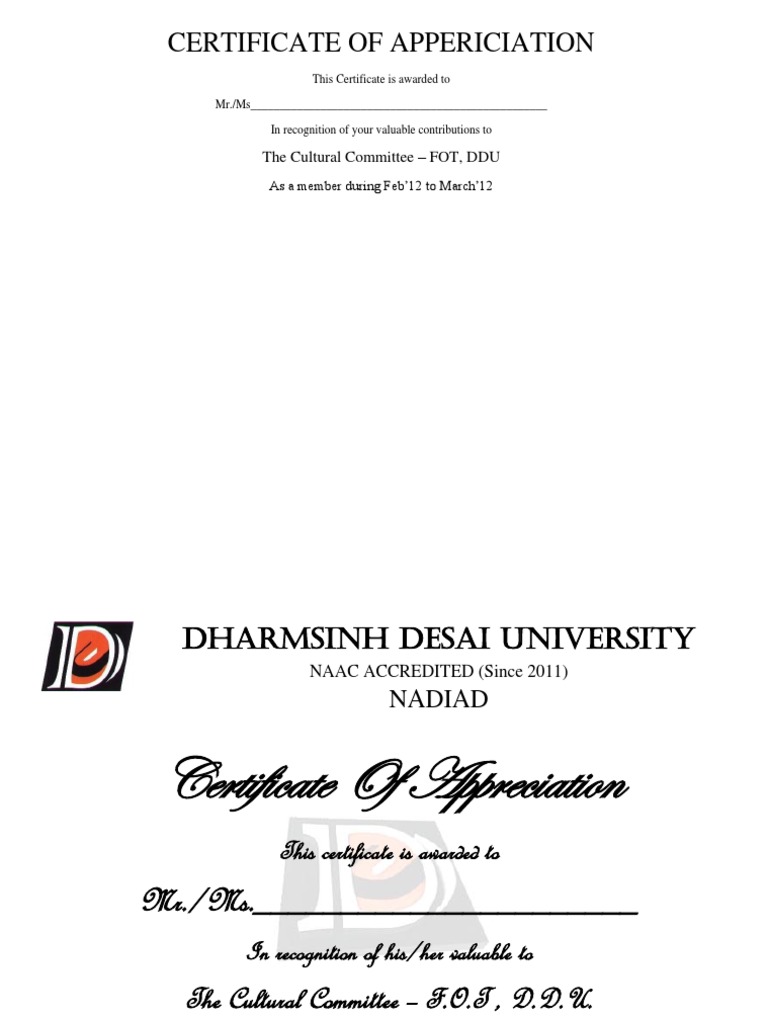 Certificate of Appreciation for Cultural Committee Contribution | PDF