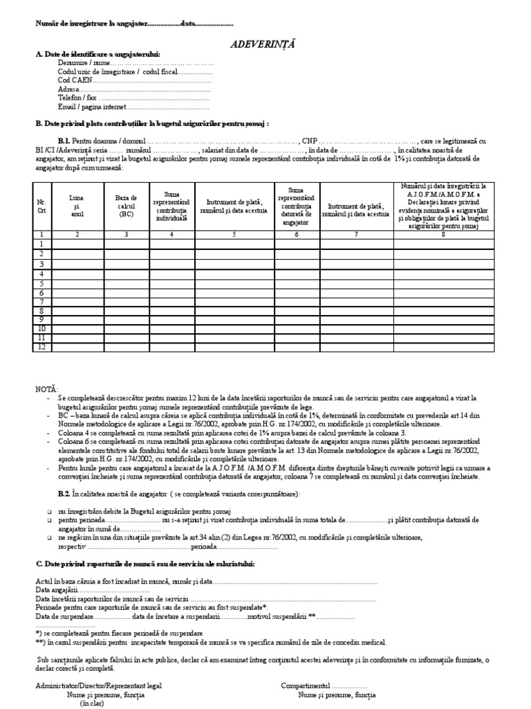 Model Adeverinta Somaj (Anexa 14 Anexa 26 La Norme) | PDF