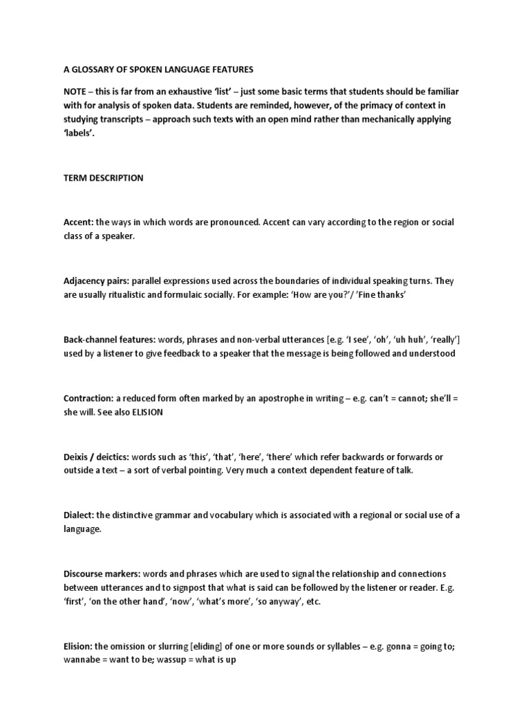 A Glossary of Spoken Language Features | PDF | Interpersonal ...