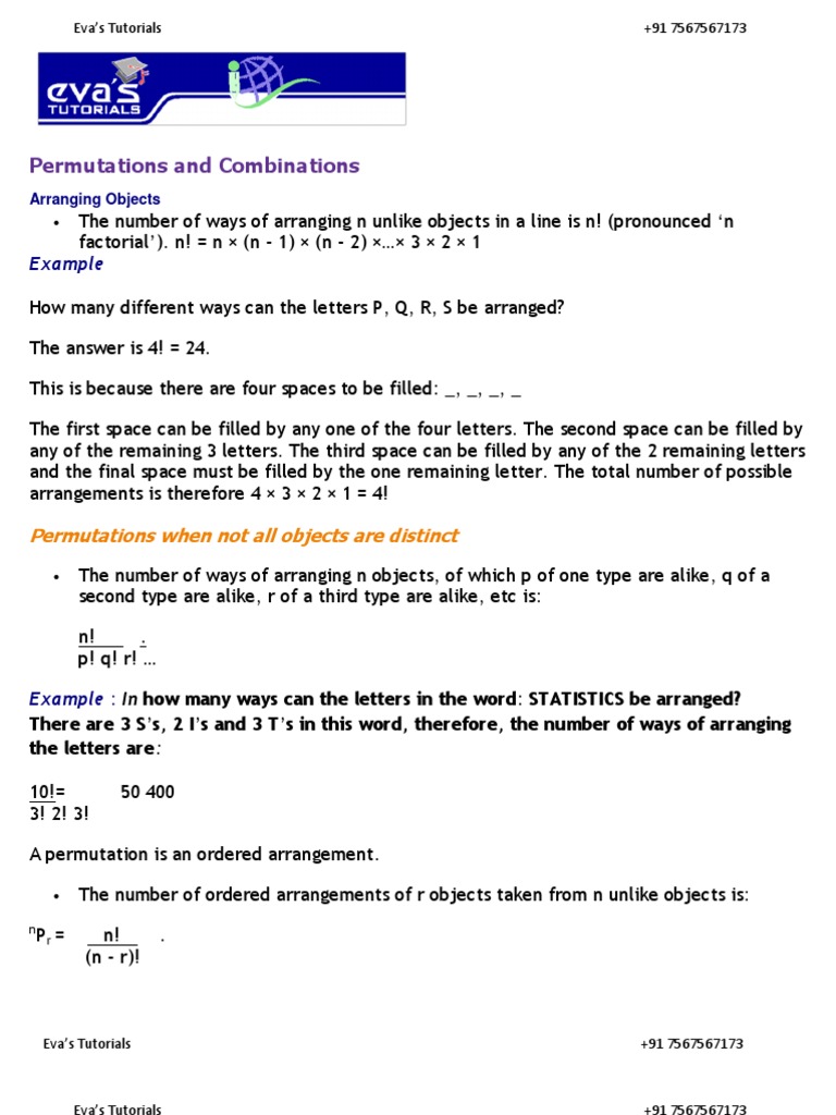 Eva's Permutations and Combinations Tutorial | PDF | Permutation | Mathematical Concepts