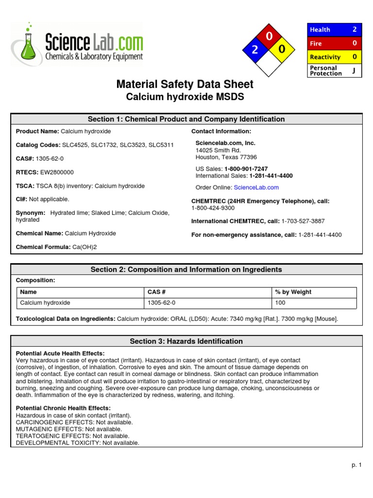 XMSDS Calcium Hydroxide 9927122 | PDF | Toxicity | Solubility