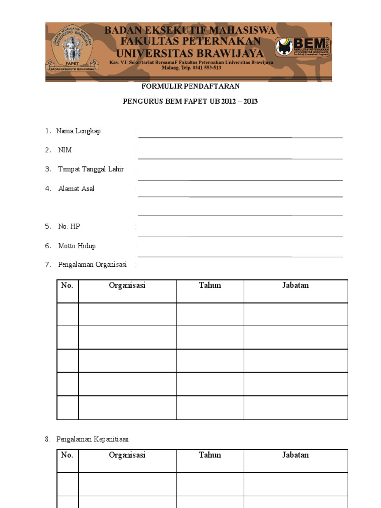 Form Pendaftaran Bem Fapet | PDF