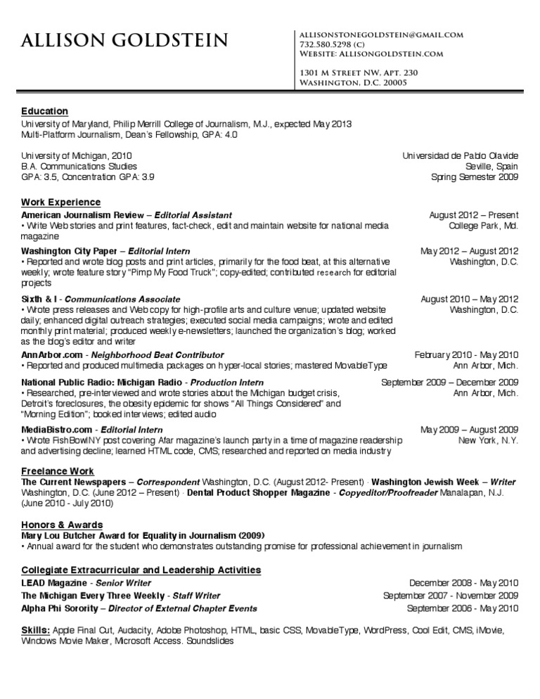 Allison Goldstein Resume | PDF | Editing | University Of Michigan
