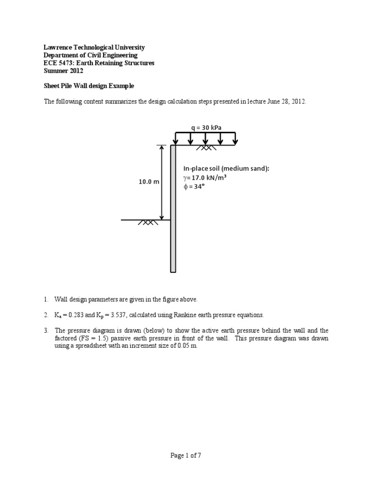 Sheet Pile Wall Design Example | PDF | Pressure | Soil