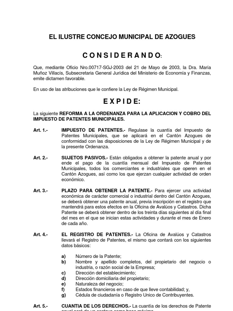 Ordenanza de Patente Municipale de AZOGUEZ | PDF | Patentar | Contabilidad