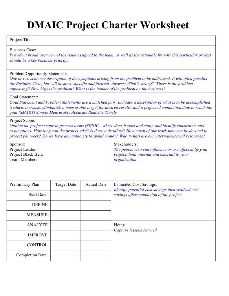 DMAIC Project Charter Worksheet | PDF