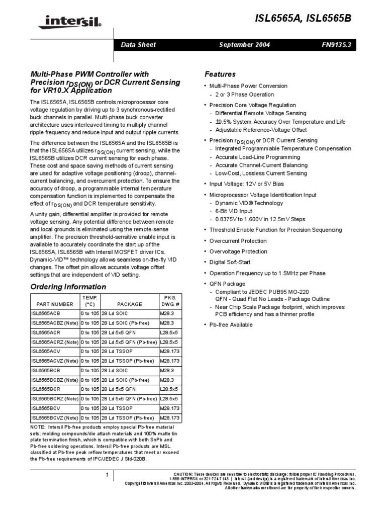 ISL6565A, ISL6565B: Multi-Phase PWM Controller With Precision R or DCR Current Sensing For VR10 ...
