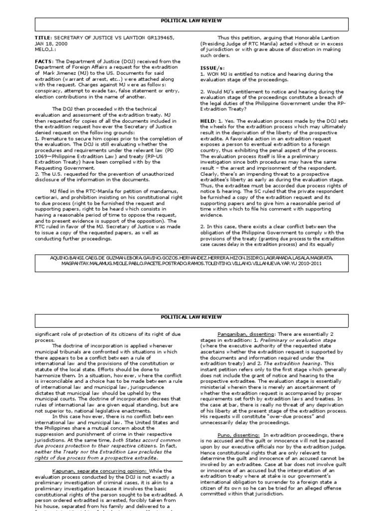 Sec of Justice Vs Lantion Digest | PDF | Extradition | Due Process Clause